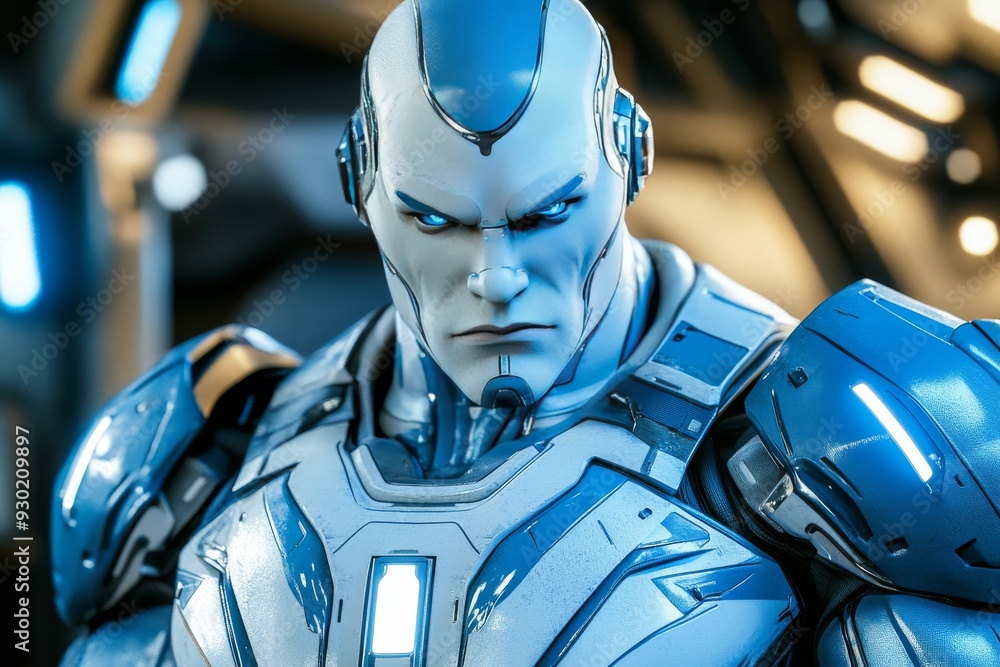 Powerful humanoid robot in blue armor symbolizing the strength and ...