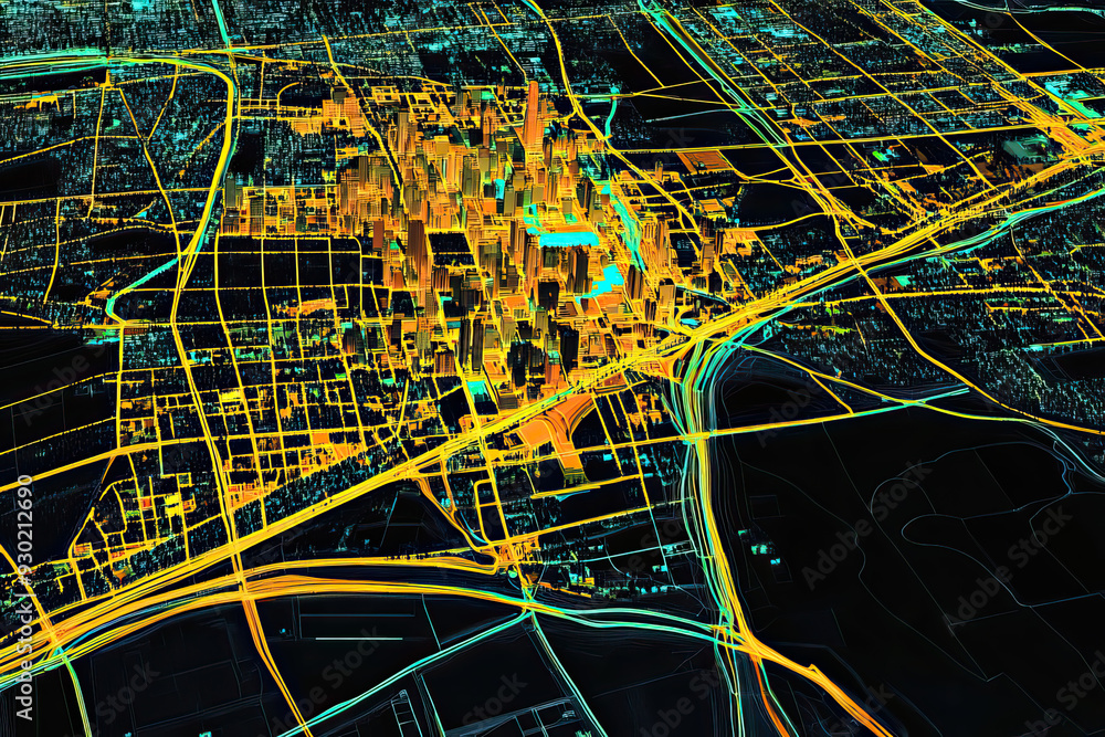 Technical aerial visual, 3D LiDAR GIS aerial map satellite scan model ...