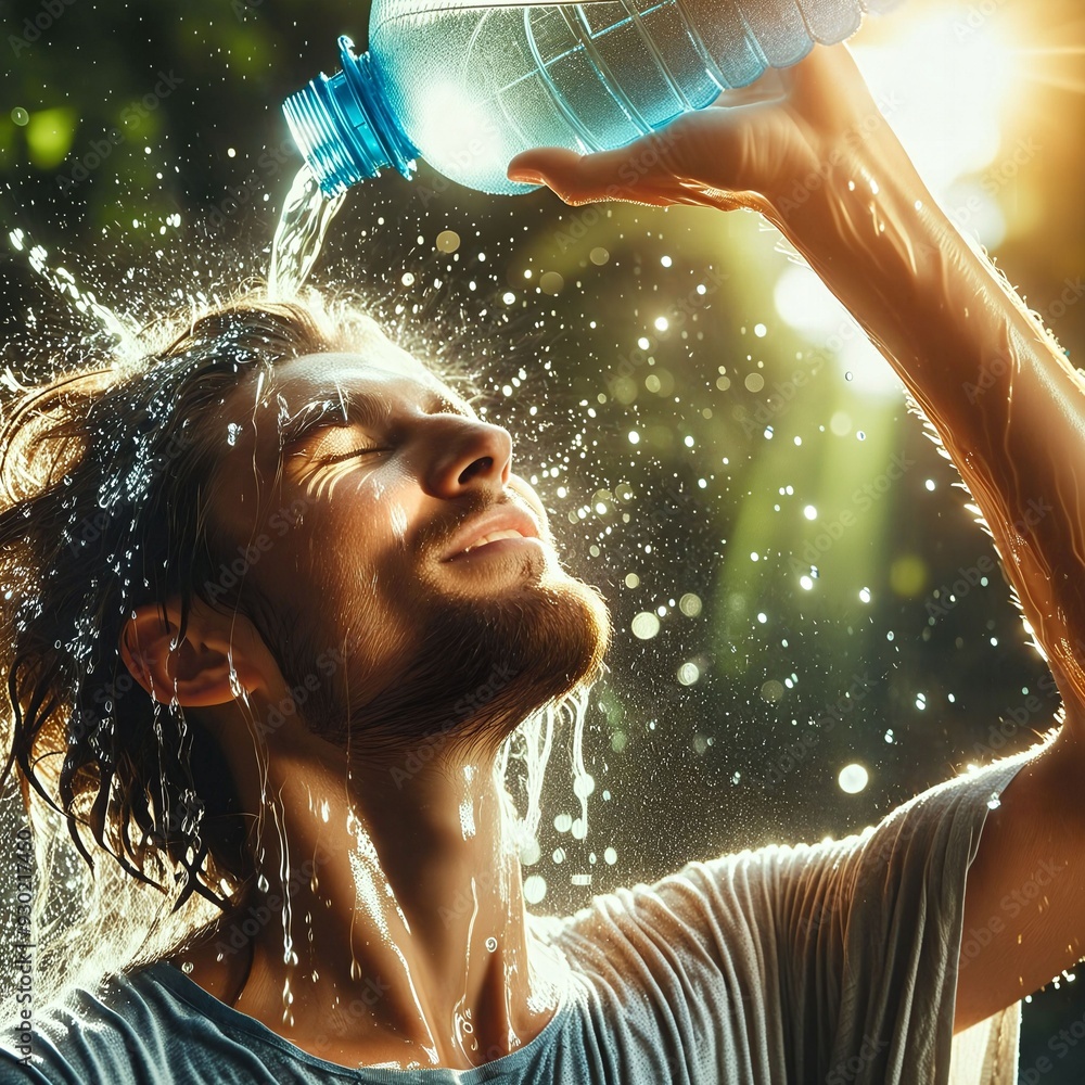 Man seeks relief from the intense summer heat, pouring cold water over ...