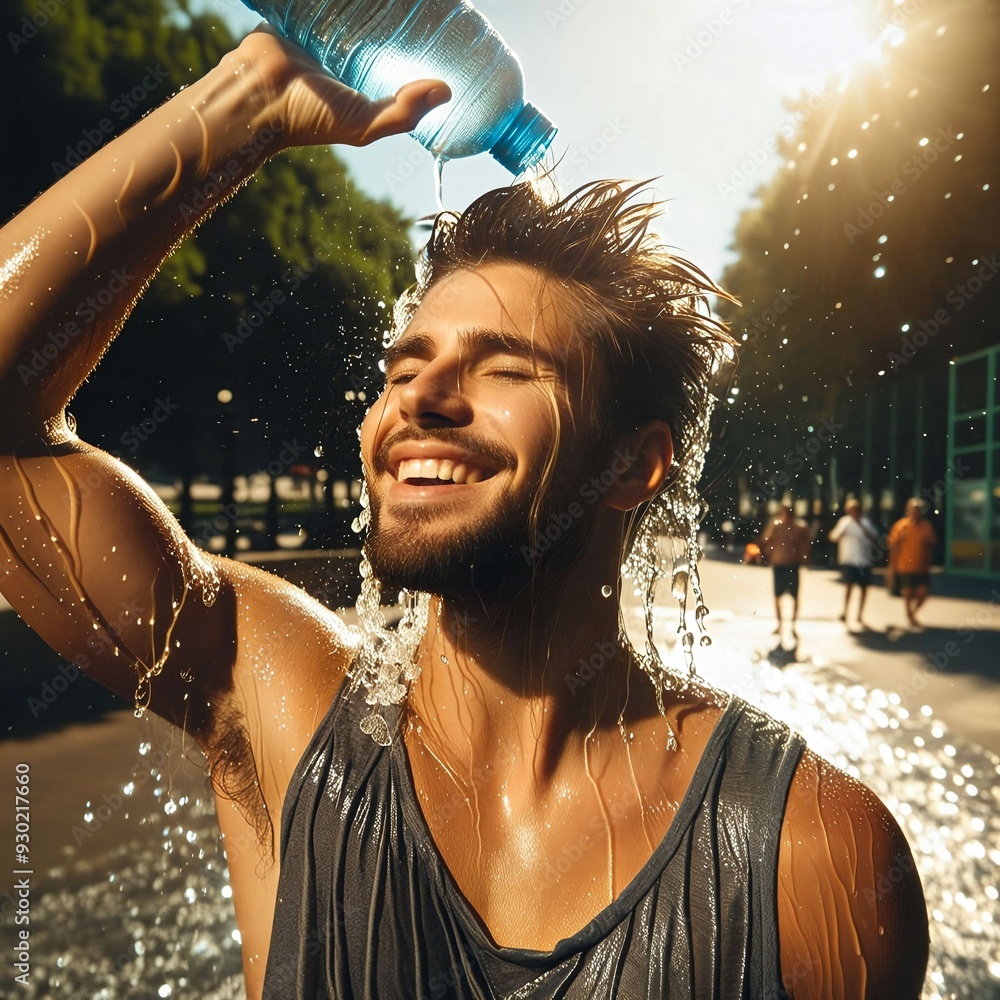 Man seeks relief from the intense summer heat, pouring cold water over ...
