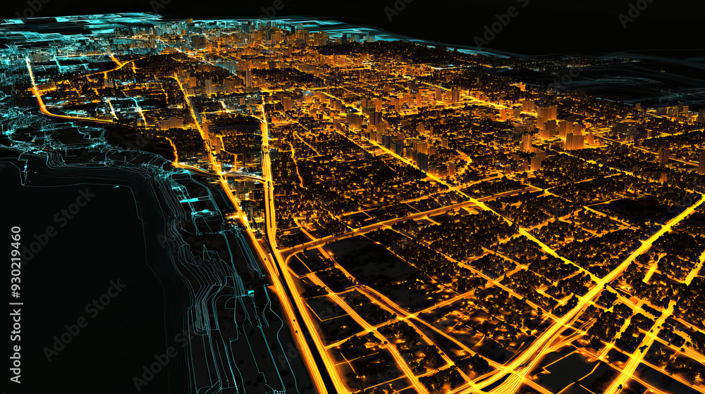 Technical aerial visual, 3D LiDAR GIS aerial map satellite scan model ...