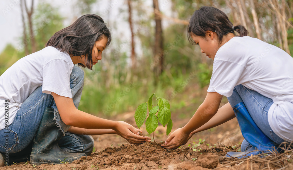 Two young girls are planting a tree together Stock Photo | Adobe Stock