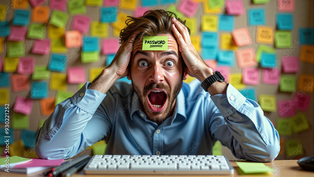 Frustrated man overwhelmed with sticky notes, holding his head with a ...