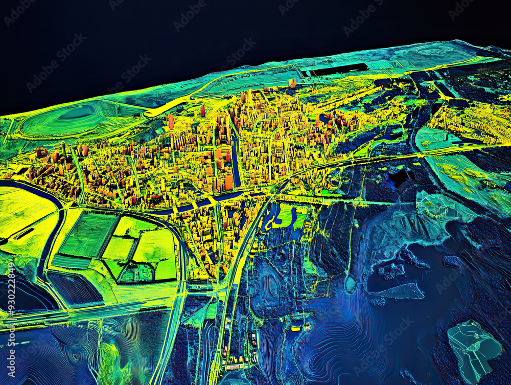 Technical aerial visual, 3D LiDAR GIS aerial map satellite scan model ...