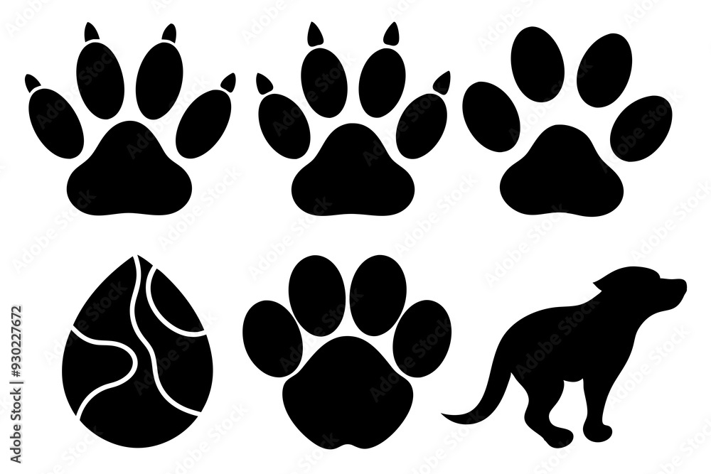 Vector Illustration of Six Animal Footprint Silhouettes: Bear Paw, Dog ...