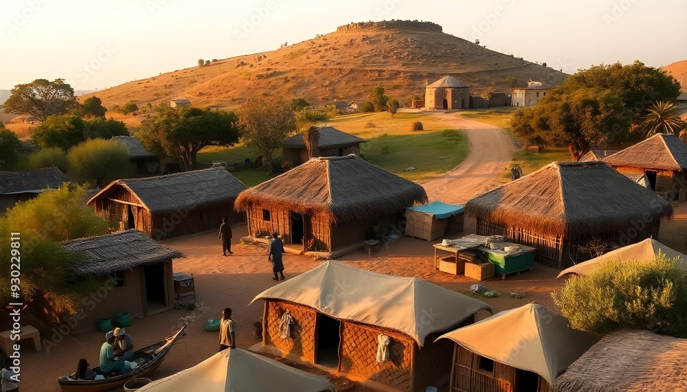 An African village in winter with traditional huts under a clear blue ...