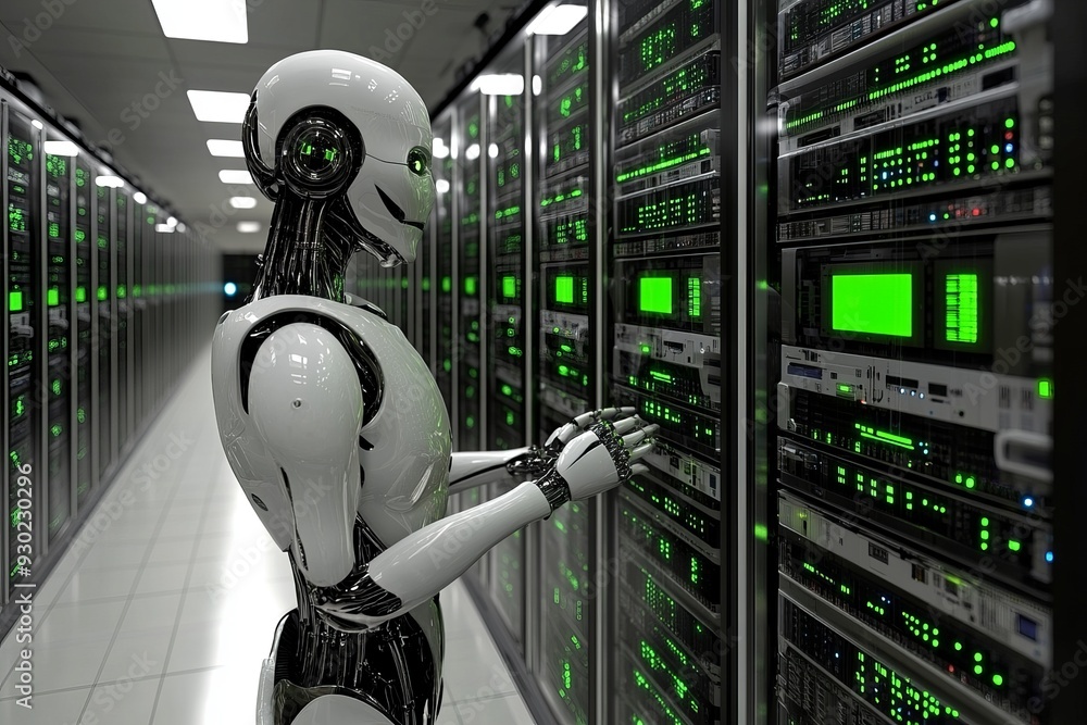 Robot inspecting servers in a high tech data center symbolizing the ...