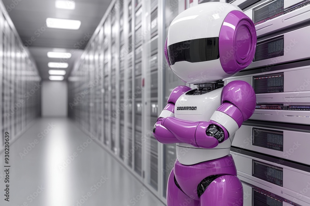 Robotic figure in a purple casing inspecting servers in a modern data ...