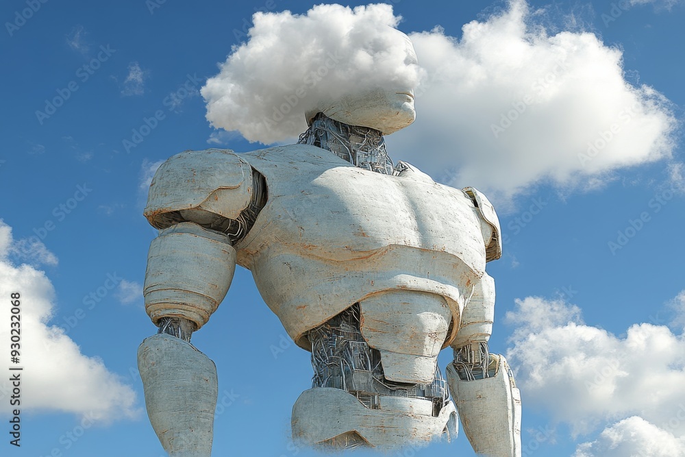 Giant stone robot with a cloud covered head symbolizing the convergence ...