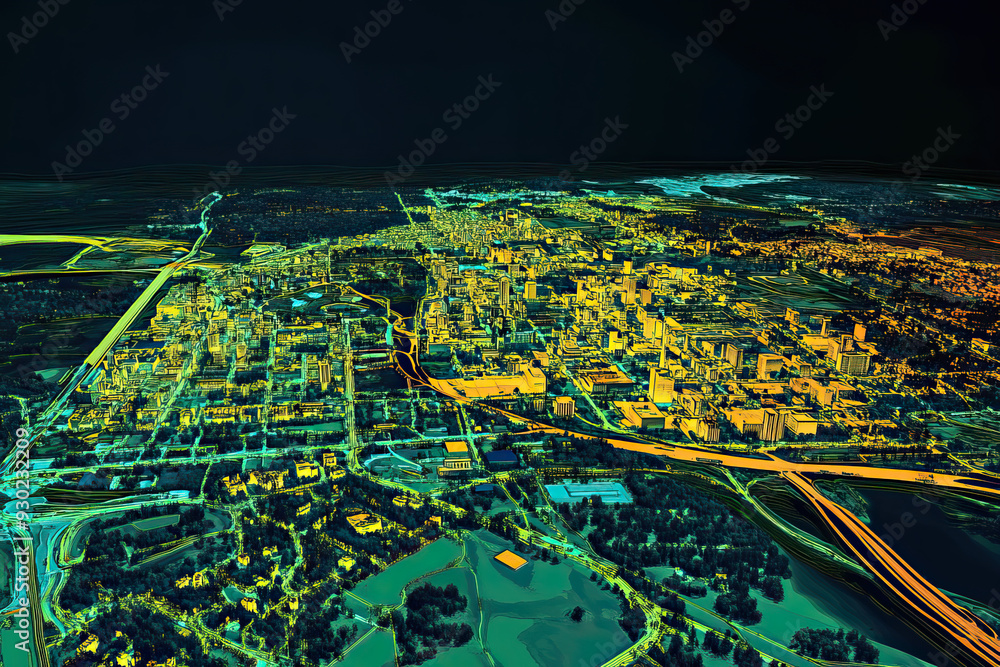 Technical aerial visual, 3D LiDAR GIS aerial map satellite scan model ...