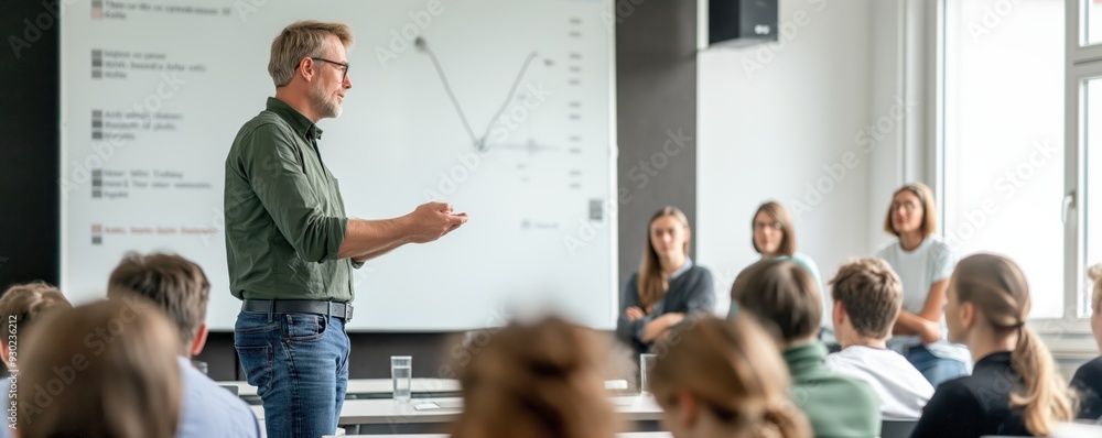 Economy lesson. Experienced professor delivering lecture to classroom ...