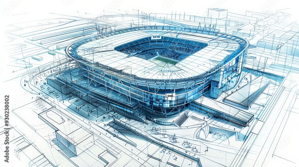 Illustrate a detailed sketch of a modern stadium, highlighting its ...