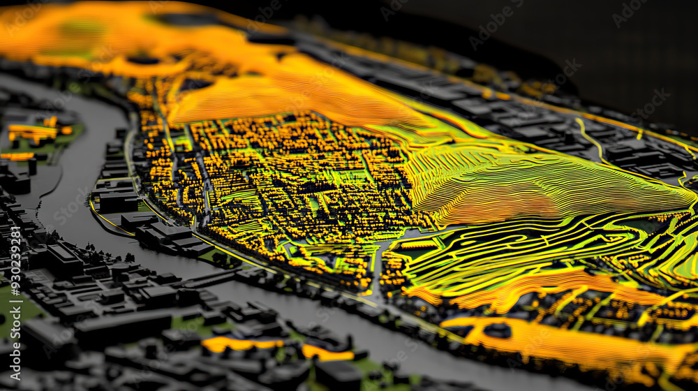 Technical aerial visual, 3D LiDAR GIS aerial map satellite scan model ...