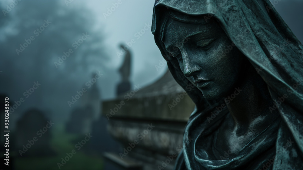 Stone statue in a cemetery surrounded. Sad grieving statue of Mary in ...