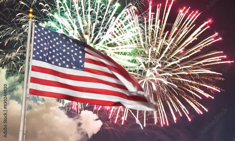 An American flag waving proudly, with vibrant fireworks bursting in the ...