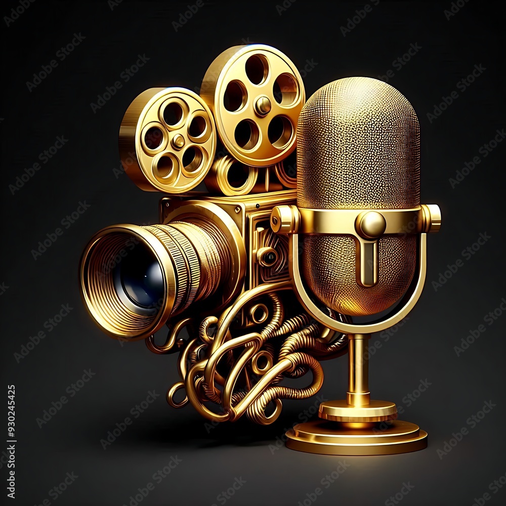 Classic media entertainment logo design with 3d golden microphone and ...