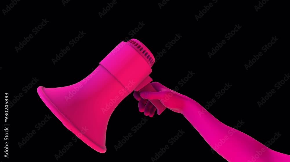 A group of stylized animated 3D hands holding up megaphone speakers ...