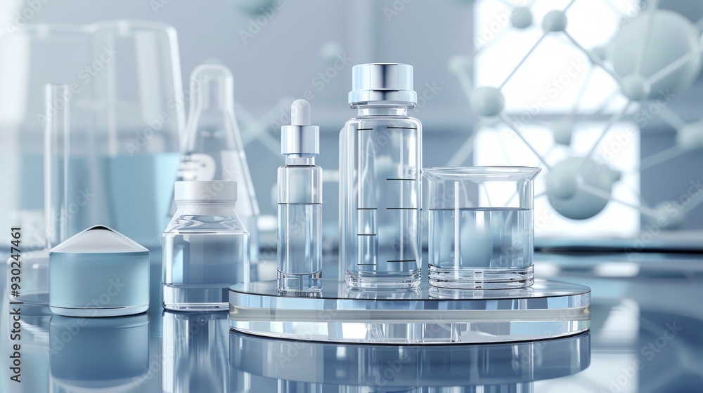 Cosmetic podium display with glass flask and cylinder equipment in ...