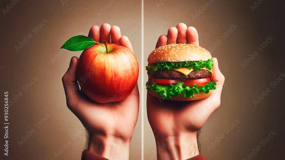 Comparison: one hand holds an apple, the other hand opposite holds a ...