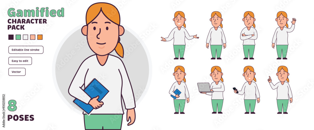 Simple flat gamified female vector character in a set of multiple poses ...