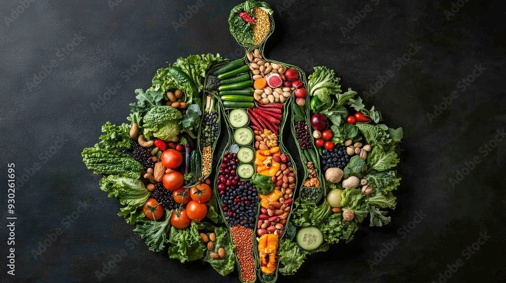 A vibrant human body outline crafted from cucumber, lettuce, tomato ...