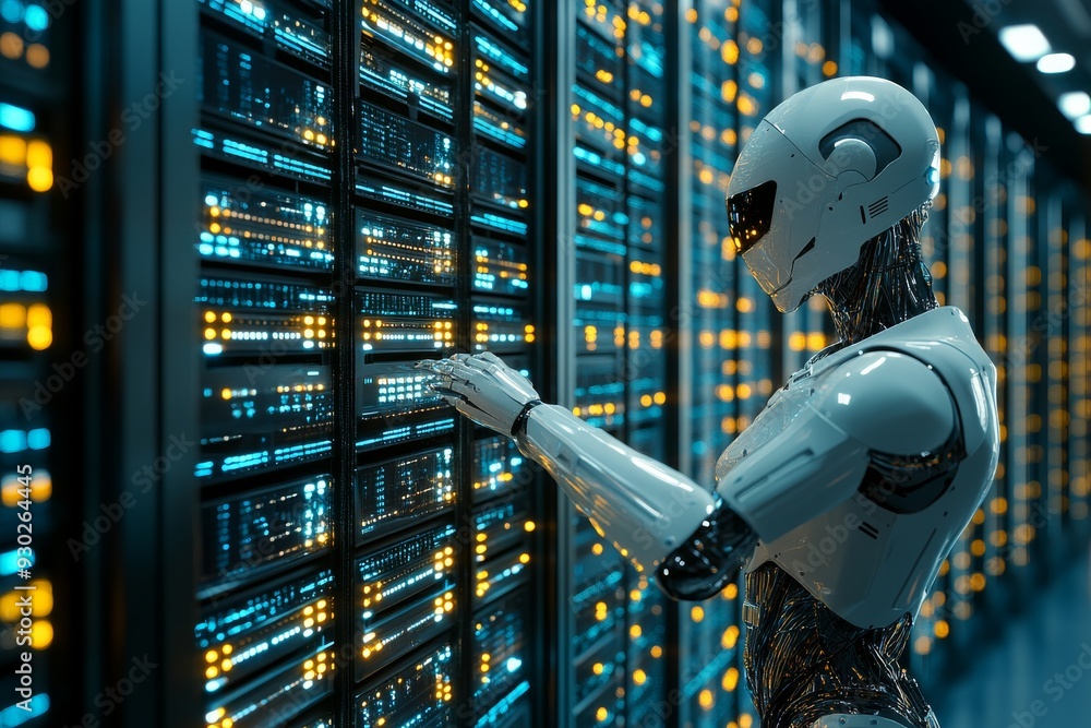 Robot performing maintenance in a high tech data center showcasing the integration of robotics ...