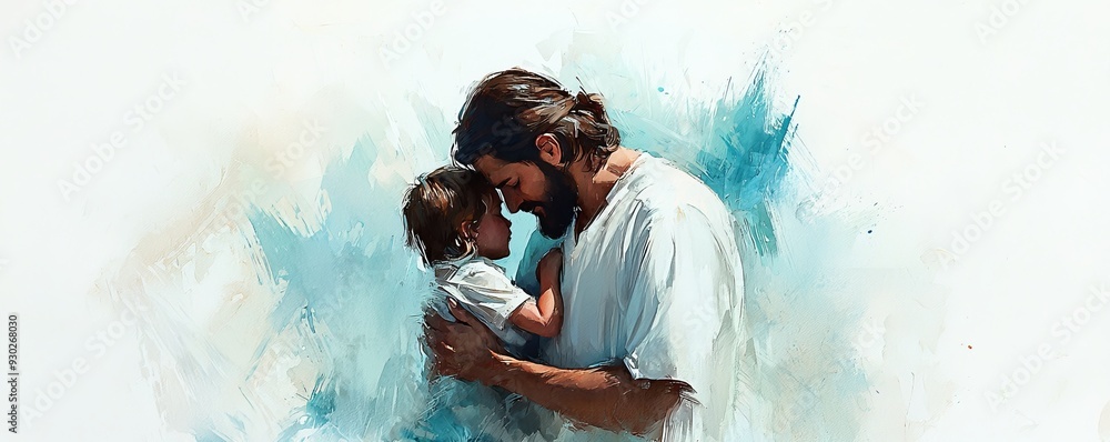 Jesus comforting a child, watercolor painting, soft and tender ...