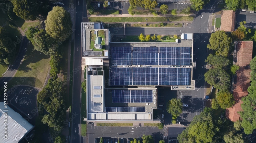 Technicians are installing solar panels on the rooftop of an office ...