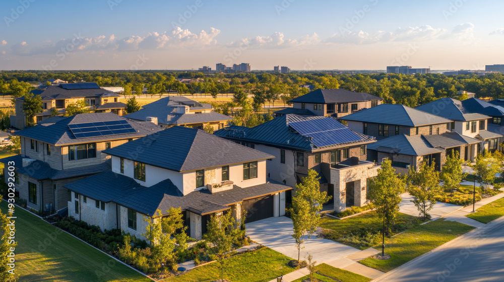 An aerial view of an upscale, new development neighborhood near a ...
