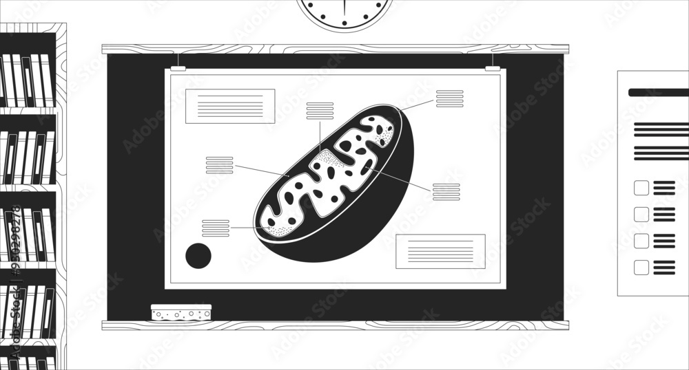Cell model on classroom blackboard black and white line illustration ...
