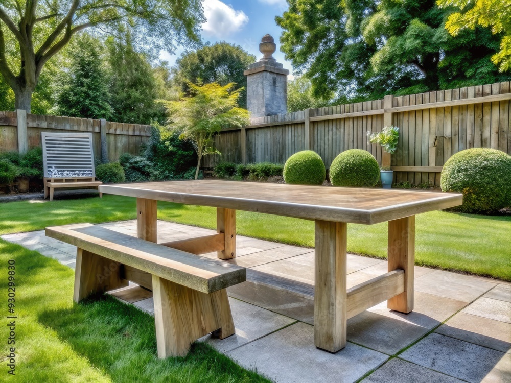 Weathered wooden oak prism bench sits in a serene garden setting ...