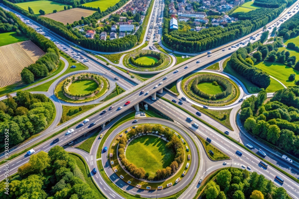 Bird's eye view of a busy cloverleaf roundabout in Germany, with ...