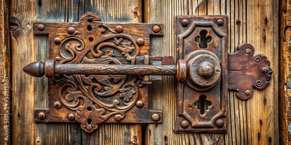 Antique door latch with intricate details and rusted finish adds a ...