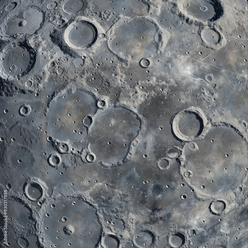 Moon surface with shadows and many meteorite impact craters. Close up ...