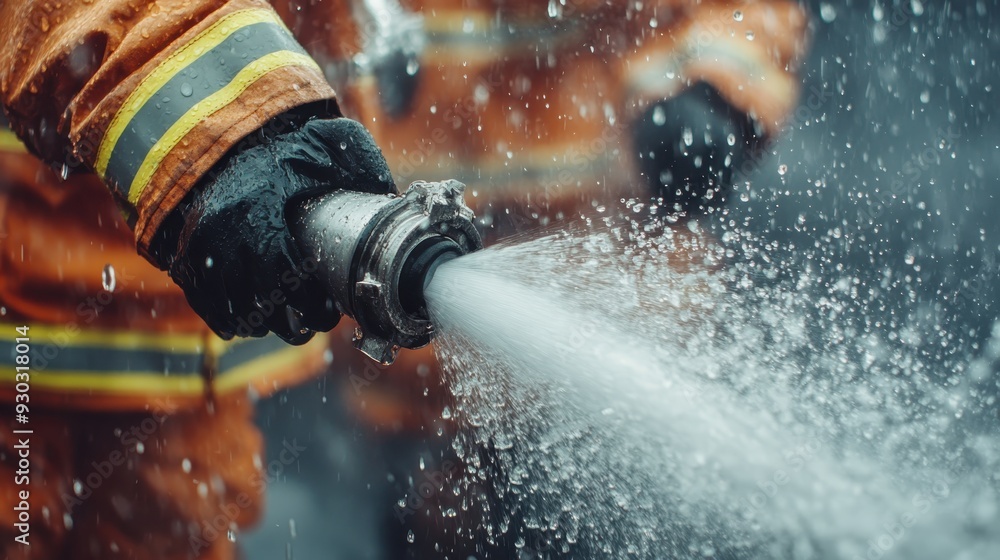 A firefighter's gloved hands expertly handle a water hose, directing a ...