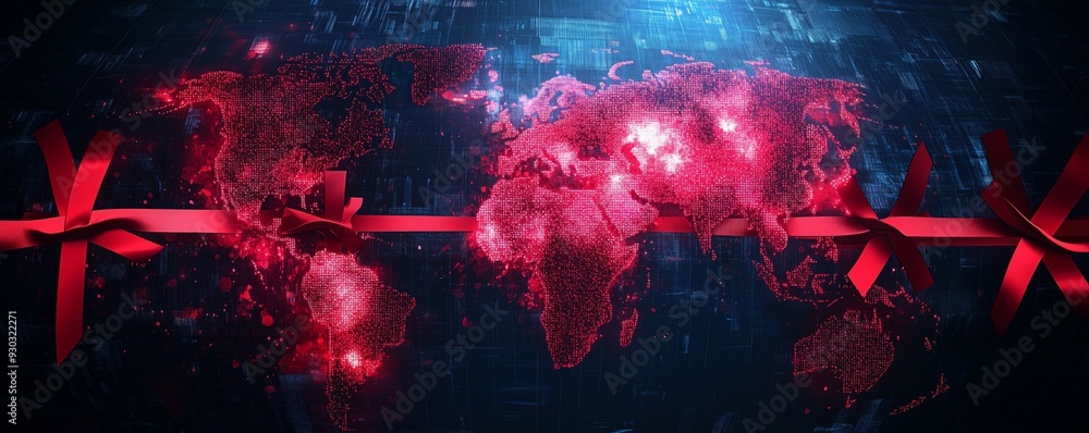 Red ribbons mark areas of impact across the world map, indicating ...