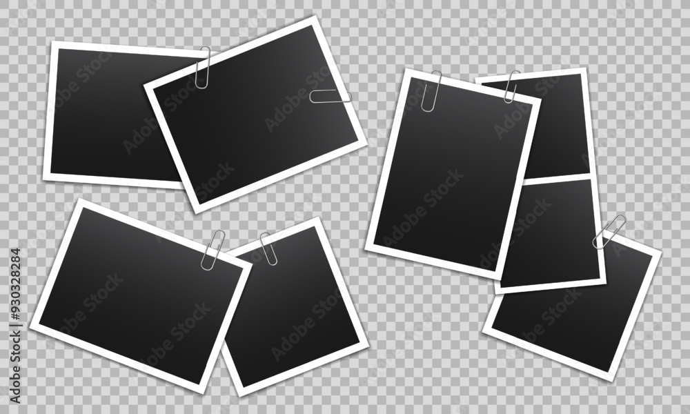 Vector blank photo frames with silver metal paper clip and shadow ...