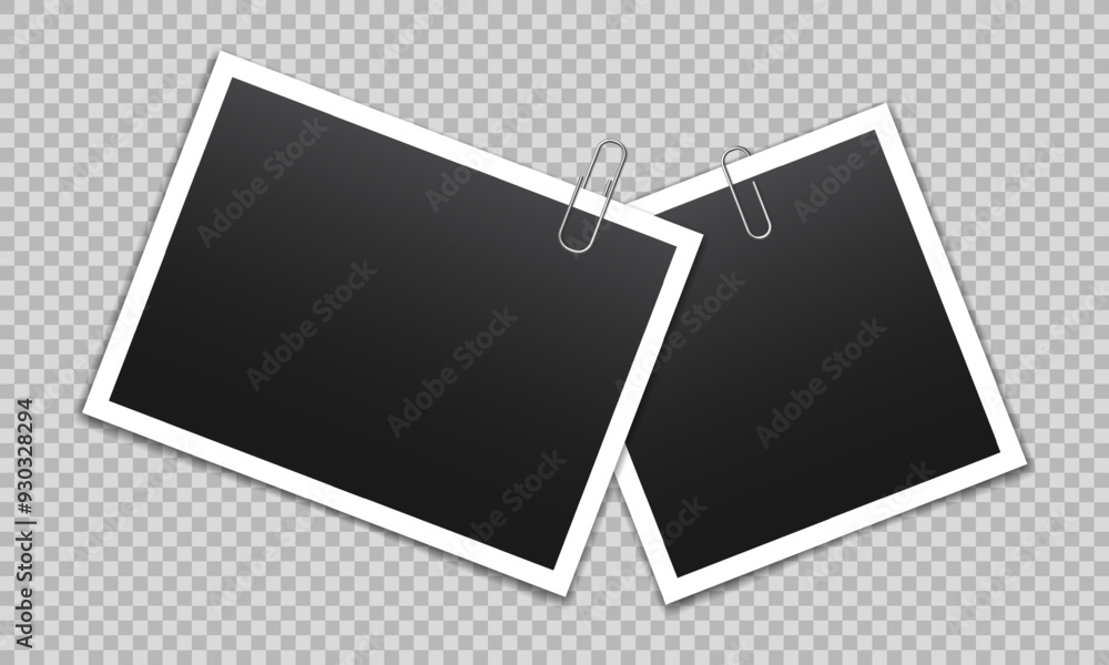 Vector blank photo frames with silver metal paper clip and shadow ...