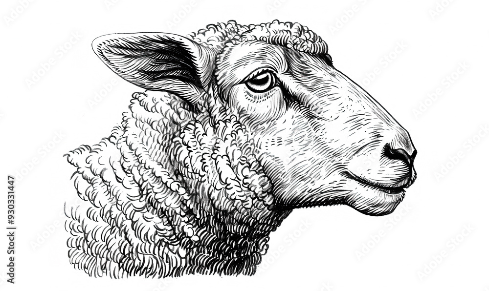 Sheep, lamb. Vintage retro print, black white sheep lamb sketch ink ...