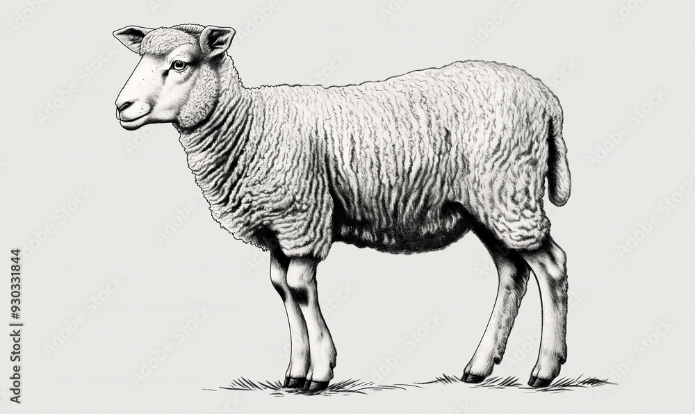 Sheep, lamb. Vintage retro print, black white sheep lamb sketch ink ...