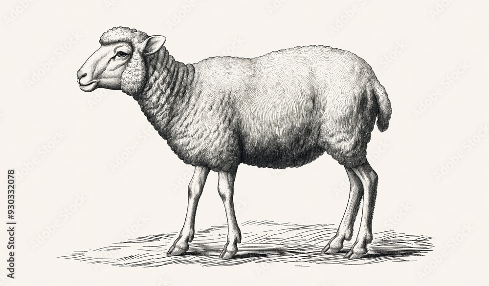 Sheep, lamb. Vintage retro print, black white sheep lamb sketch ink ...