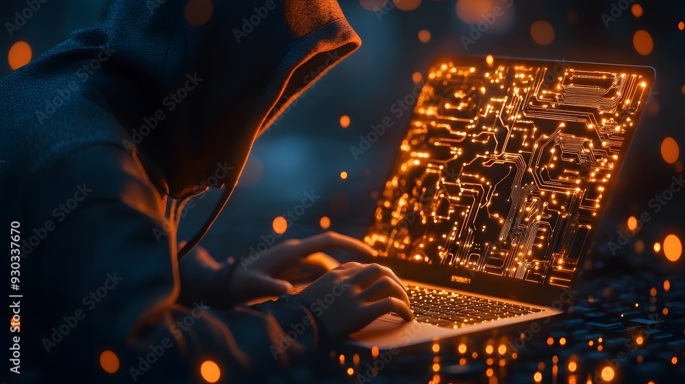 Hacker in a dark hoodie, working on a laptop with a glowing, abstract ...