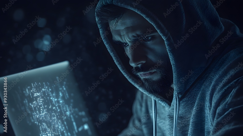 Hacker in a gray hoodie, with a solid dark blue background and faint ...