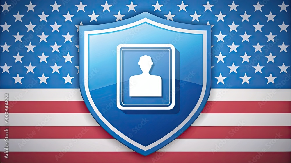 A blue shield icon incorporating a stylized social security card with ...