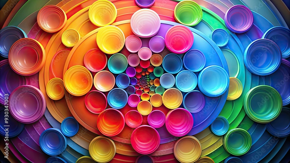 Abstract composite of overlapping colored circles in 3D arrangement ...