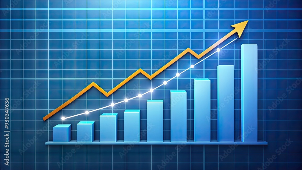 A business graph showing increasing revenue over time, with a rising ...