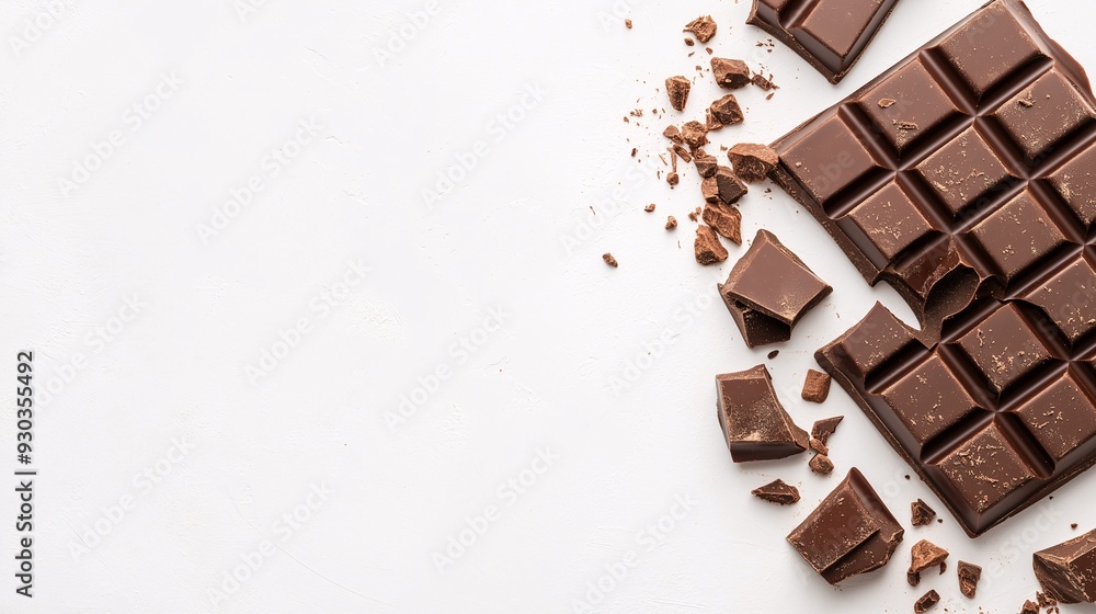 Chocolate Indulgence: A broken chocolate bar and scattered pieces on a ...