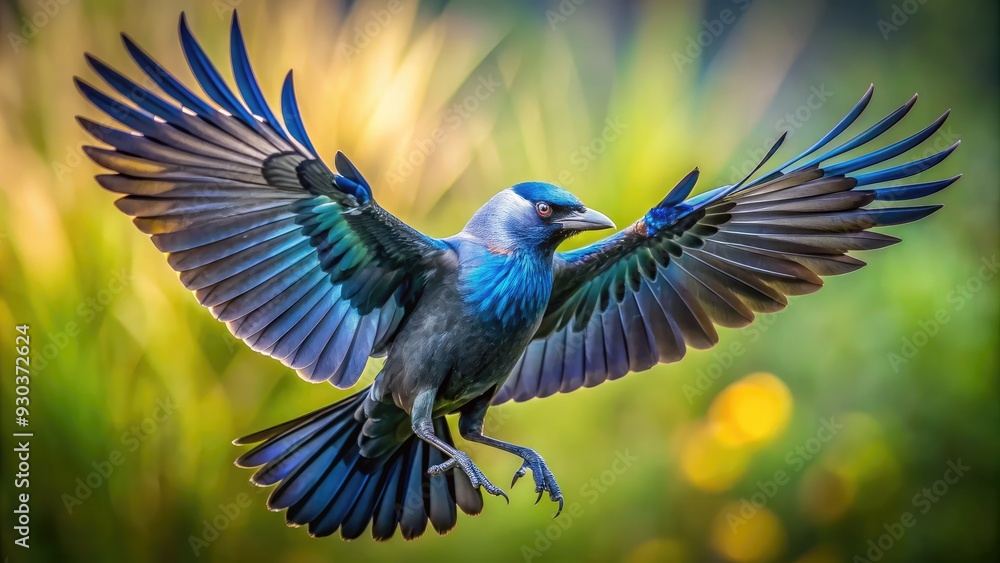 A majestic jackdaw spreads its wings, revealing feathers of iridescent ...