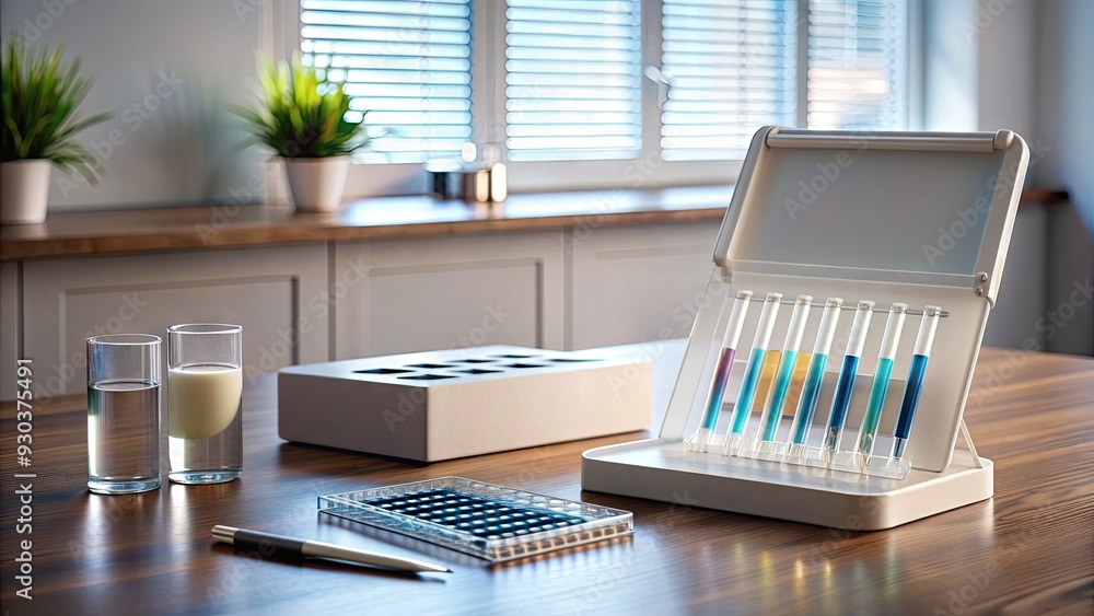 A modern, sleek, and compact DNA testing kit lies on a table, ready for ...