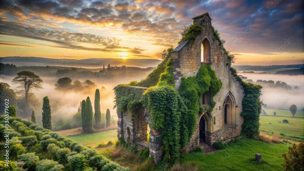 Ancient stone church ruin with crumbling walls, overgrown with vines ...